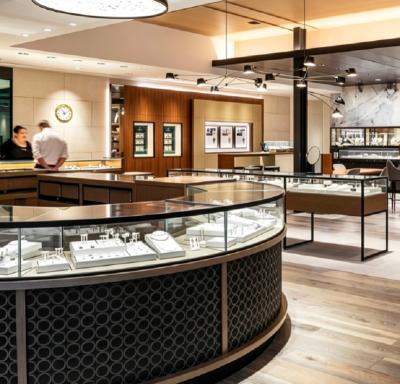 China Modern Walnut Wood & Black Metal Jewelry Store Interior Design, Complete Turnkey Fixture Package with Curved Central Showcase for sale