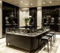China Modern Matte Black & Marble Jewelry Store Interior Design, Complete Turnkey Fixture Package with Central Island Showcase for sale