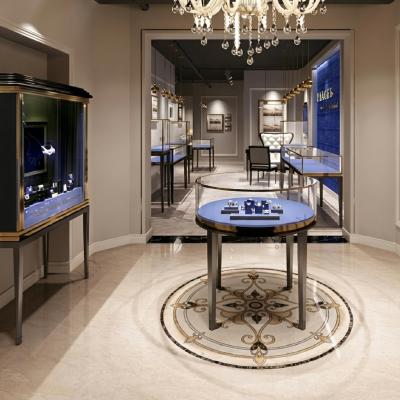 China Blue Velvet Jewelry Display Stand; Curved Glass Tall Jewelry and Watch Display Case; Luxury Retail Store Display Cabinet for sale