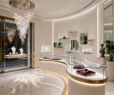China Boutique Middle Island Jewelry Showcase Metal Frame Wood Body Transparent Glass Cabinet for sale