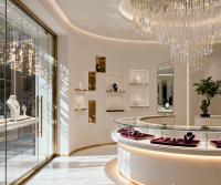 China Boutique Middle Island Jewelry Showcase Metal Frame Wood Body Transparent Glass Cabinet for sale