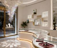 China Boutique Middle Island Jewelry Showcase Metal Frame Wood Body Transparent Glass Cabinet for sale