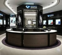 China Modern Curved Black Brown Jewelry Store Interior Design Complete Turnkey Fixture Package Central Showcase LED Digital Showroom for sale