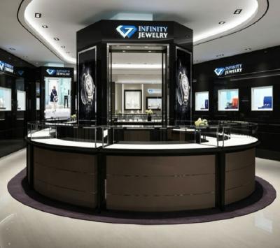 China Modern Curved Black Brown Jewelry Store Interior Design Complete Turnkey Fixture Package Central Showcase LED Digital Showroom for sale