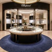 China Round Curved Glass Jewellery Display Counter Gold Frame Wall Standing Necklace Showcase Custom Brand Jewelry Cabinet Package for sale