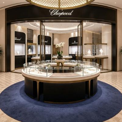 China Round Curved Glass Jewellery Display Counter Gold Frame Wall Standing Necklace Showcase Custom Brand Jewelry Cabinet Package for sale