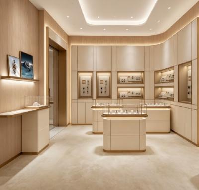 China Luxury Ivory White Rose Gold Eco-Friendly LED Lit Jewelry Store Interior Design Complete Turnkey Fixture Package Showcase for sale