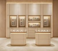 China Luxury Ivory White Rose Gold Eco-Friendly LED Lit Jewelry Store Interior Design Complete Turnkey Fixture Package Showcase for sale