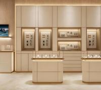 China Luxury Ivory White Rose Gold Eco-Friendly LED Lit Jewelry Store Interior Design Complete Turnkey Fixture Package Showcase for sale