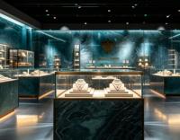 China Luxury Teal Marble Jewelry Store Interior Design, Complete Turnkey Fixture Package with Central Showcase & Wall Display Cabinets for sale