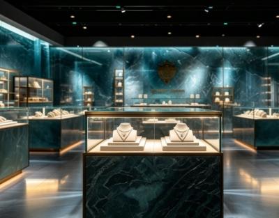 China Luxury Teal Marble Jewelry Store Interior Design, Complete Turnkey Fixture Package with Central Showcase & Wall Display Cabinets for sale