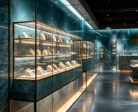 China Luxury Teal Marble Jewelry Store Interior Design, Complete Turnkey Fixture Package with Central Showcase & Wall Display Cabinets for sale