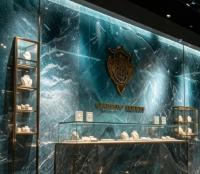 China Luxury Teal Marble Jewelry Store Interior Design, Complete Turnkey Fixture Package with Central Showcase & Wall Display Cabinets for sale
