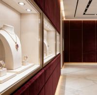 China Luxury Burgundy Velvet LED Jewelry Store Showroom Interior Design Complete Turnkey Fixture Package Curved Display Counters Wall for sale