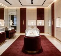 China Luxury Burgundy Velvet LED Jewelry Store Showroom Interior Design Complete Turnkey Fixture Package Curved Display Counters Wall for sale