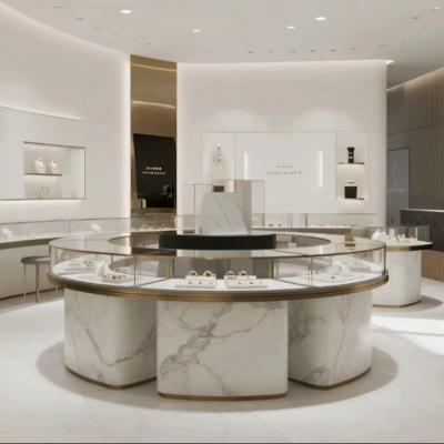 China Elegant Glass Jewelry Vitrine Stainless Steel Frame Luxury Store Display Furniture for sale