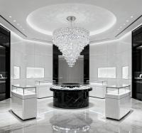 China Modern Angled Corner Glass Jewelry Showcase White Gloss Cabinet Metal Support LED Light Jewellery Display Table for Jewelry Shop for sale