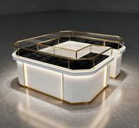 China Modern Angled Corner Glass Jewelry Showcase White Gloss Cabinet Metal Support LED Light Jewellery Display Table for Jewelry Shop for sale