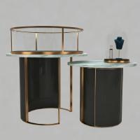 China Dual Size Round Glass Jewellery Display Stand Gold Metal Frame Marble Top LED Cylinder Watch Necklace Showcase Table for sale