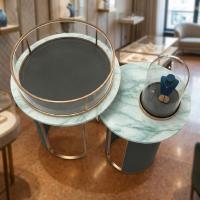 China Dual Size Round Glass Jewellery Display Stand Gold Metal Frame Marble Top LED Cylinder Watch Necklace Showcase Table for sale