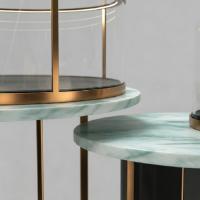 China Dual Size Round Glass Jewellery Display Stand Gold Metal Frame Marble Top LED Cylinder Watch Necklace Showcase Table for sale