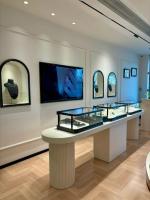 China Custom Jewelry Display Counter   Stainless Steel Frame Tempered Glass LED Light Jewellery Showcase for Luxury  Jewelry Boutique for sale
