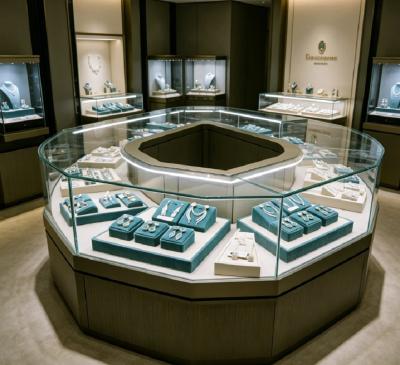 China Luxury Octagonal Glass Jewelry Display Counter, Modern Retail Showcase with Teal Velvet Inserts & LED Lighting for sale