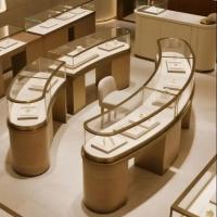 China Wood Glass Jewelry Display Showcase Diamond Jewelry Exhibition Curved Glass Jewellery Display Counter  Watch Necklace Showcase for sale