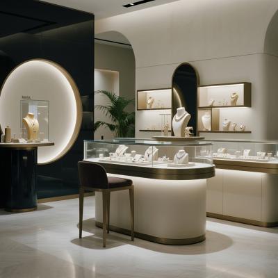 China Modern Luxury Arc Glass Jewellery Display Table Illuminated Circular Wall Niche Display Cabinet Set for Diamond Jewelry Showcase for sale