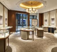 China Luxury Curved Walnut Wood Jewelry & Watch Display Set, Complete Turnkey Boutique Showcase with Glass Tops for sale