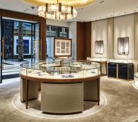 China Luxury Curved Walnut Wood Jewelry & Watch Display Set, Complete Turnkey Boutique Showcase with Glass Tops for sale