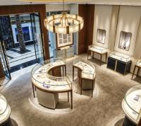 China Luxury Curved Walnut Wood Jewelry & Watch Display Set, Complete Turnkey Boutique Showcase with Glass Tops for sale