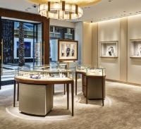 China Luxury Curved Walnut Wood Jewelry & Watch Display Set, Complete Turnkey Boutique Showcase with Glass Tops for sale