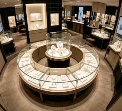 China Luxury Black & Gold Round Jewelry Display Kiosk, Complete 360° Glass Showcase with Central Rotating Pedestal for sale