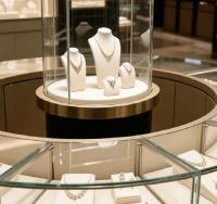China Luxury Black & Gold Round Jewelry Display Kiosk, Complete 360° Glass Showcase with Central Rotating Pedestal for sale