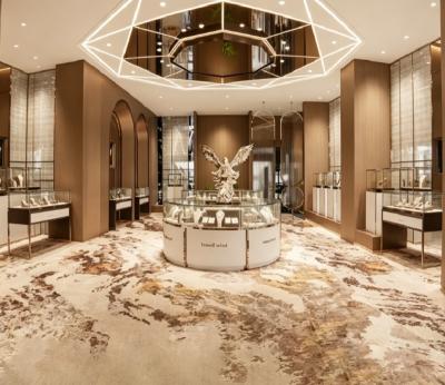 China Luxury Walnut Wood White Gold LED Jewelry Store Display Set Complete Turnkey Fixture Package for Mall Central Kiosk Wall for sale