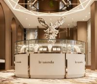 China Luxury Walnut Wood White Gold LED Jewelry Store Display Set Complete Turnkey Fixture Package for Mall Central Kiosk Wall for sale