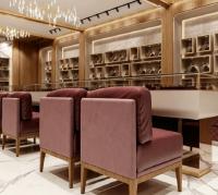 China Luxury Walnut Wood Burgundy Velvet Eco-Friendly LED Lit Jewelry Store Display Set Complete Turnkey Fixture Package Wall Cabinets for sale