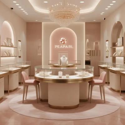 China Luxury Jewellery Center Display Cabinet Metal Frame Solid Wood Tempered Glass Showcase for sale