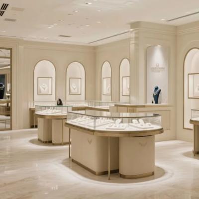 China Custom Jewelry Island Display Case Metal Wooden Structure Clear Glass Show Cabinet for sale