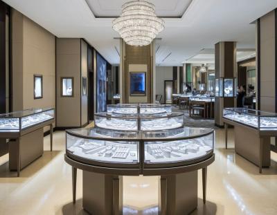 China Elegant Freestanding Jewellery Display Cabinet Metal Wood Combined Glass Showcase for sale