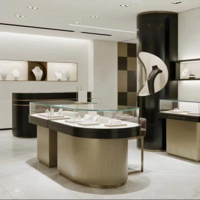 China Jewelry Island Showcase Solid Wood Metal Glass Display Cabinet With LED Light for sale
