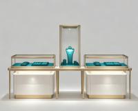 China Luxury Turquoise & Champagne Gold Jewelry Display Counter Set, Modern Showcase Kit with Pedestal & Glass Cases for sale