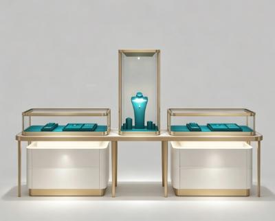 China Luxury Turquoise & Champagne Gold Jewelry Display Counter Set, Modern Showcase Kit with Pedestal & Glass Cases for sale