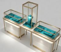 China Luxury Turquoise & Champagne Gold Jewelry Display Counter Set, Modern Showcase Kit with Pedestal & Glass Cases for sale