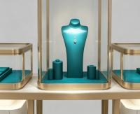 China Luxury Turquoise & Champagne Gold Jewelry Display Counter Set, Modern Showcase Kit with Pedestal & Glass Cases for sale