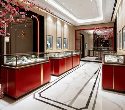 China Luxury Red & Gold Jewelry Store Display Set, Complete Turnkey Fixture Package with Central Kiosk, Wall Cabinets & Counters for sale
