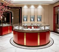 China Luxury Red & Gold Jewelry Store Display Set, Complete Turnkey Fixture Package with Central Kiosk, Wall Cabinets & Counters for sale