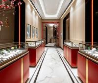 China Luxury Red & Gold Jewelry Store Display Set, Complete Turnkey Fixture Package with Central Kiosk, Wall Cabinets & Counters for sale