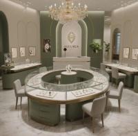 China Minimalist Jewelry Island Display Furniture Metal Frame Wood Glass Show Cabinet for sale